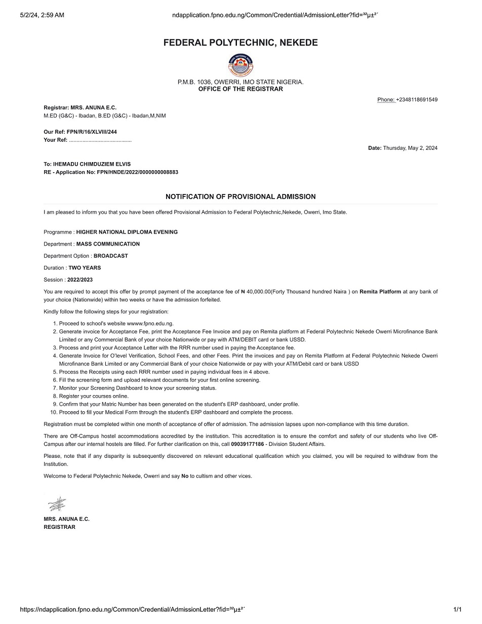 Federal Polytechnic Nekede | Document Upload | Federal Polytechnic Nekede..